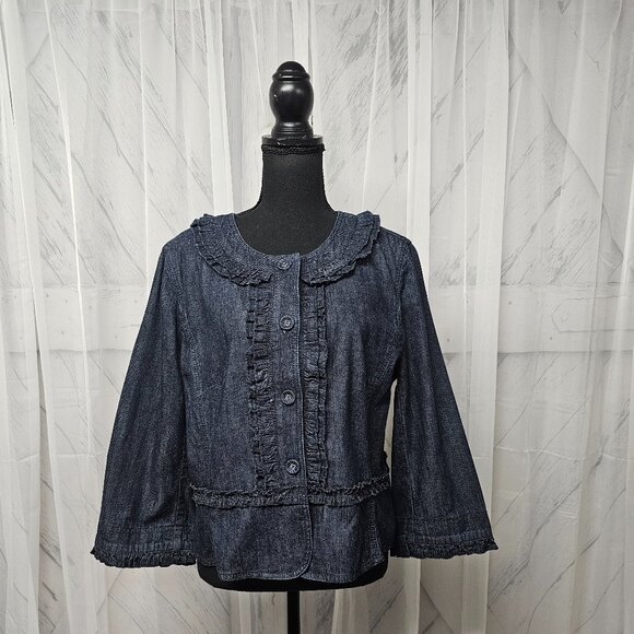 LOFT | Jackets & Coats | Loft Indigo Blue Denim Ruffled Collarless Boho ...